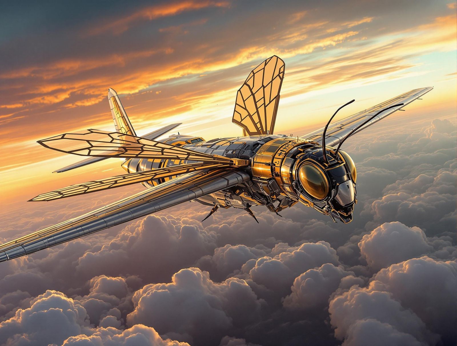 A surreal fusion of a stratofortress B-52 bomber and a majestic queen bee
