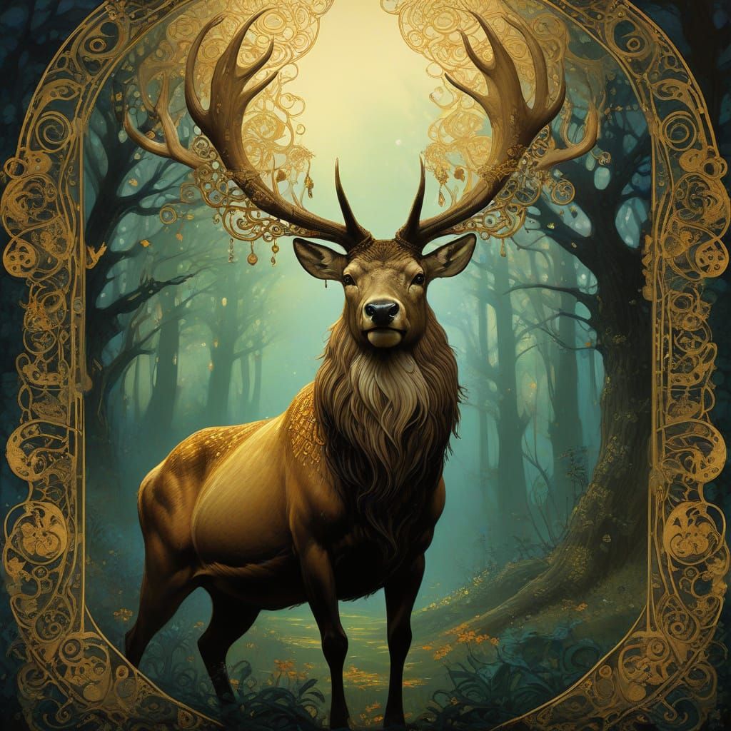 Regal Stag in Golden Art Nouveau Style - AI Art