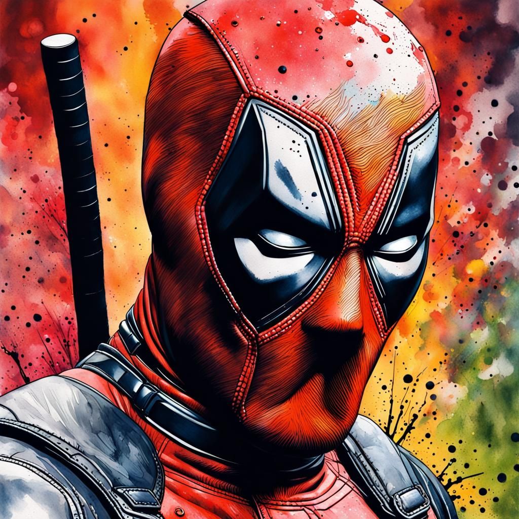 Spatter watercolour Deadpool Hyperrealistic, splash art, concept art ...