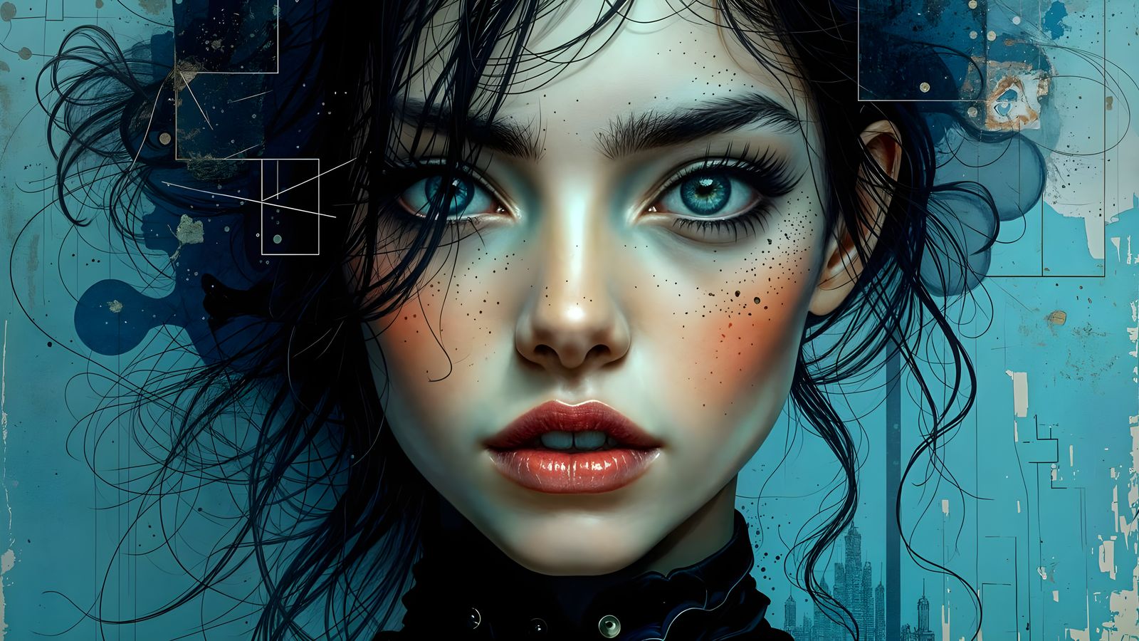 Grunge Beauty in Cyan and Blue Realism, Inspired b... - AI Art