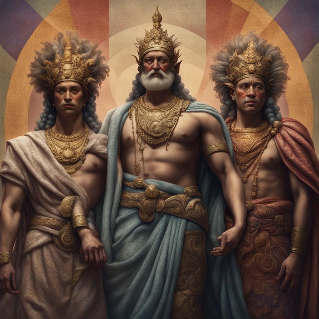 A hyperrealistic rendering of three gods in lgbtq attire, with detailed ...