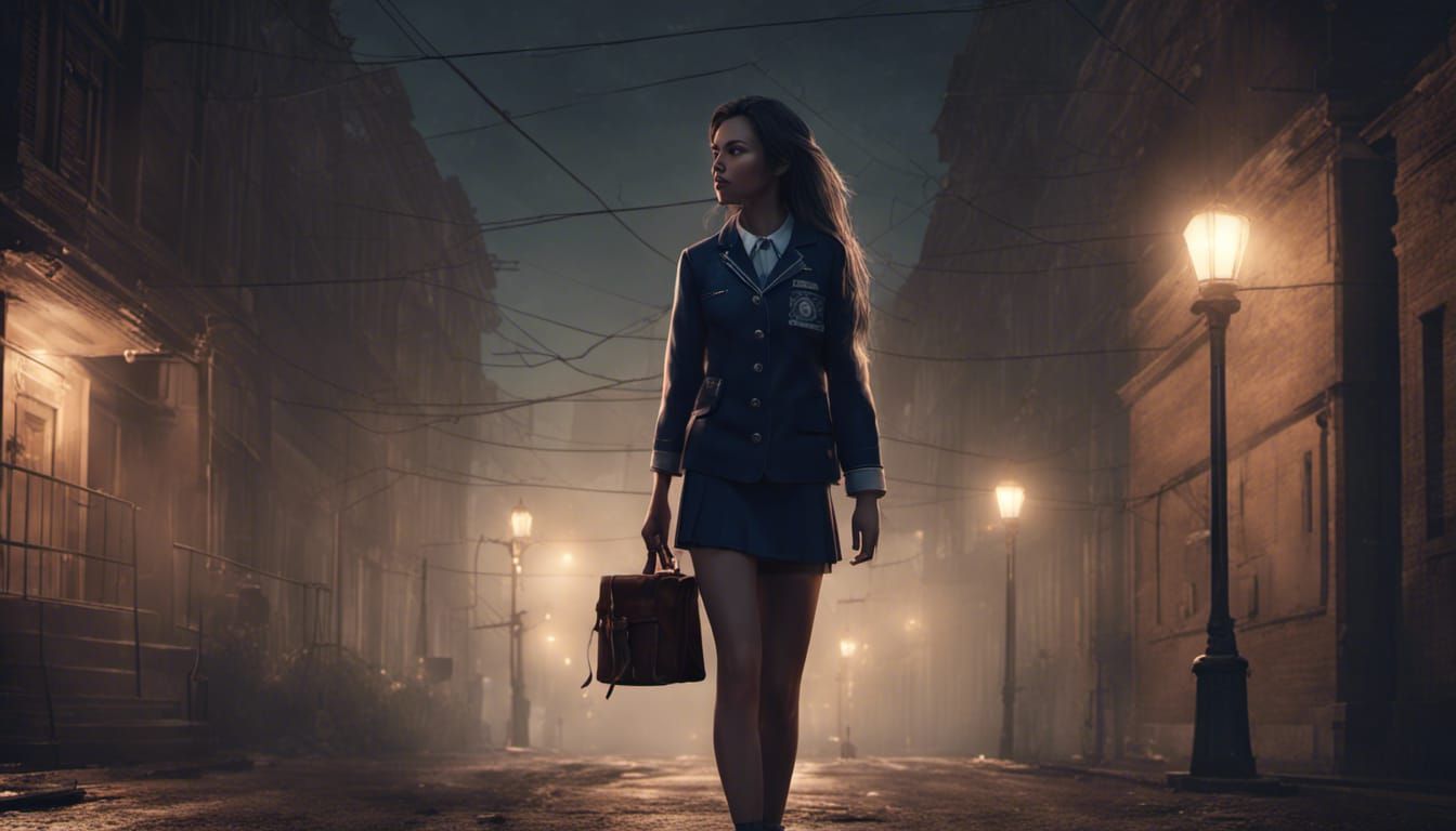 A female human, wearing a highschool uniform, in a dark street, at ...
