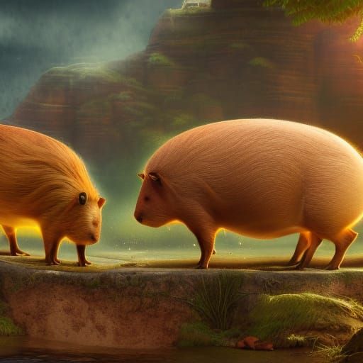 capybara eating cows - Capybara's Unusual Feast: Cows as Fan...