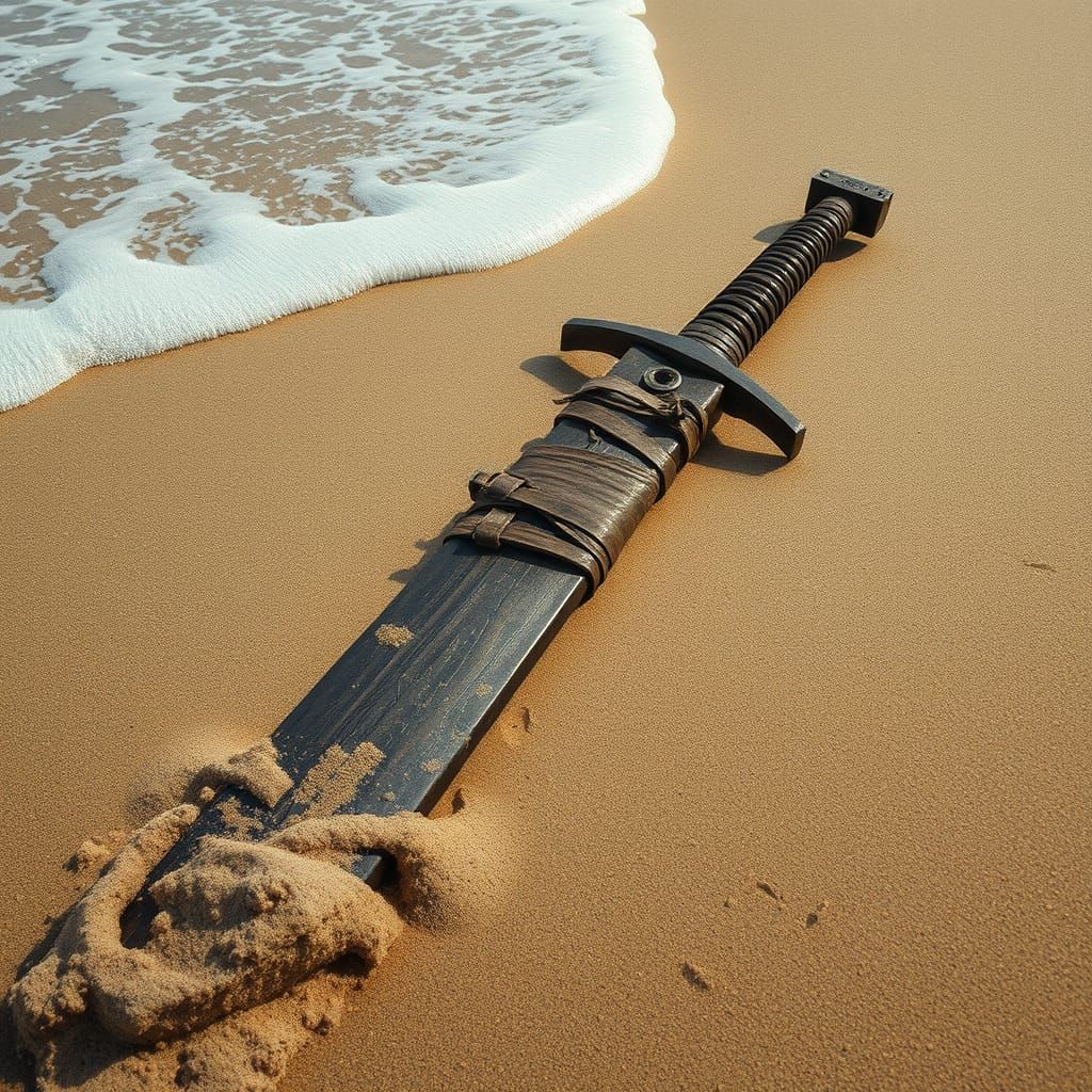 Shark-Toothed Sword on Sandy Beach - AI Art