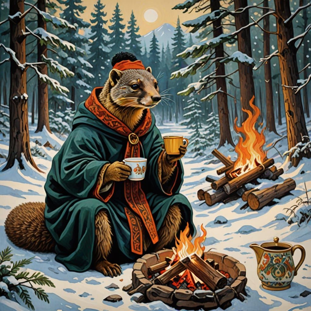 Mongoose by Winter Campfire in Expressive, Byzanti... - AI Art