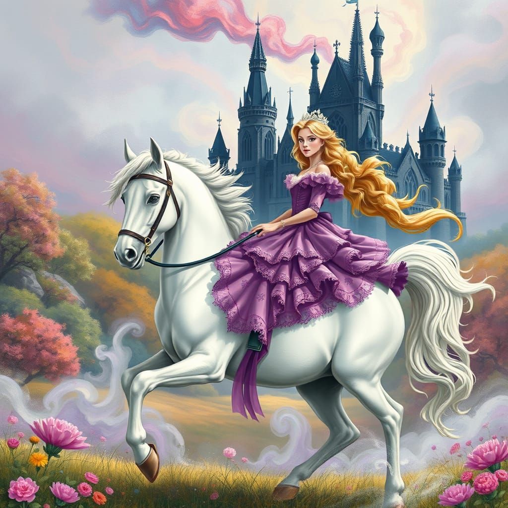 Gothic Princess Rides Majestic White Horse in Whim... - AI Art