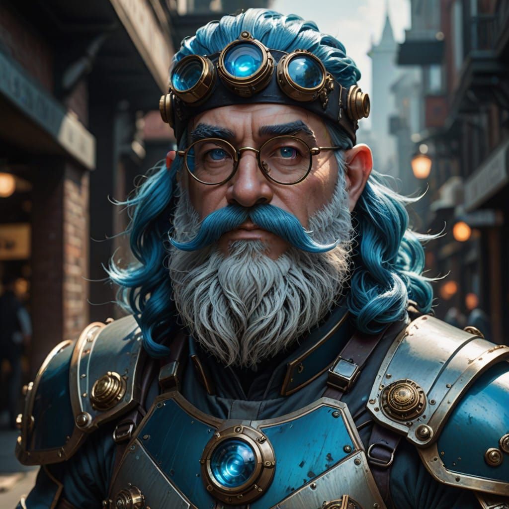 Epic Steampunk Gnome Artificer in Vibrant Blue - AI Art