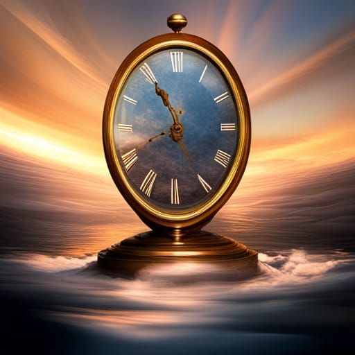 A clock, mounted on an hourglass, in the sky, 8k resolution, a ...