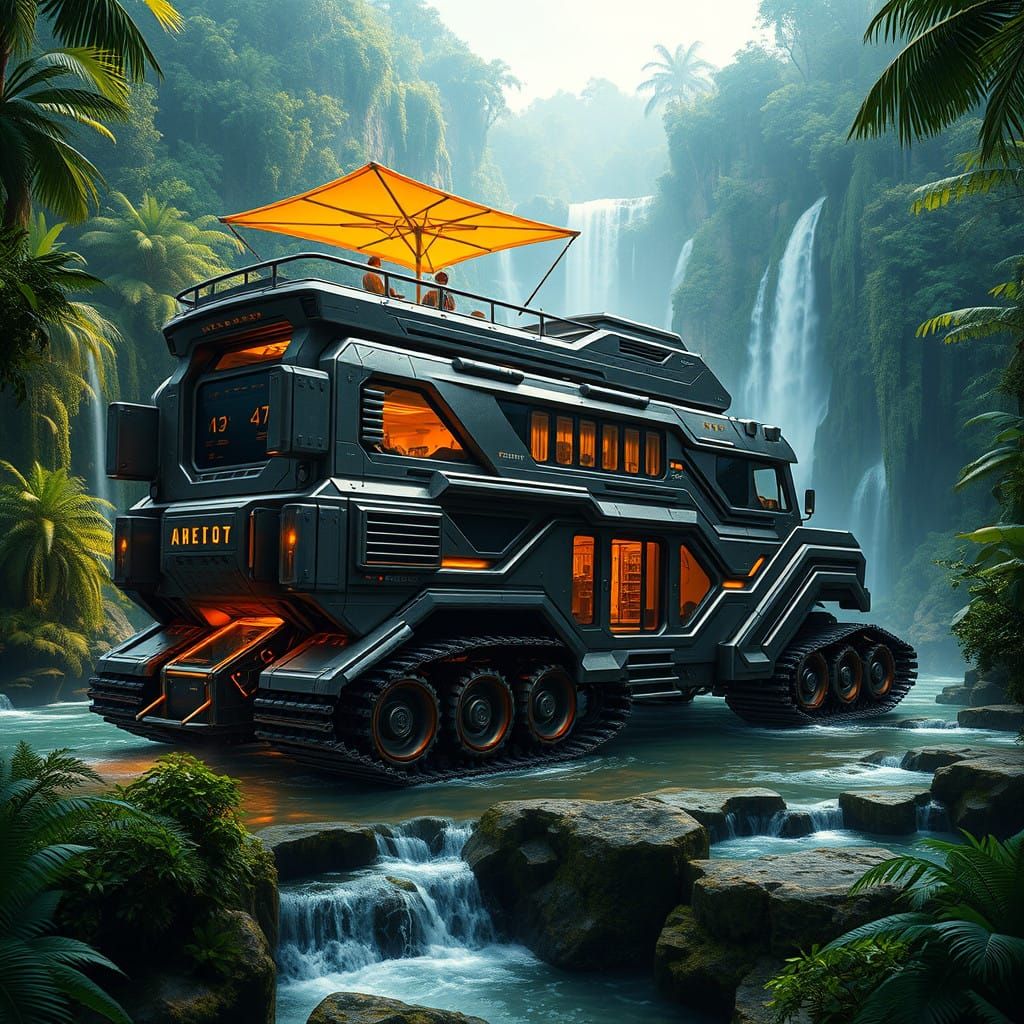 Luxurious Amphibious Motor Coach Blends into Rainf... - AI Art