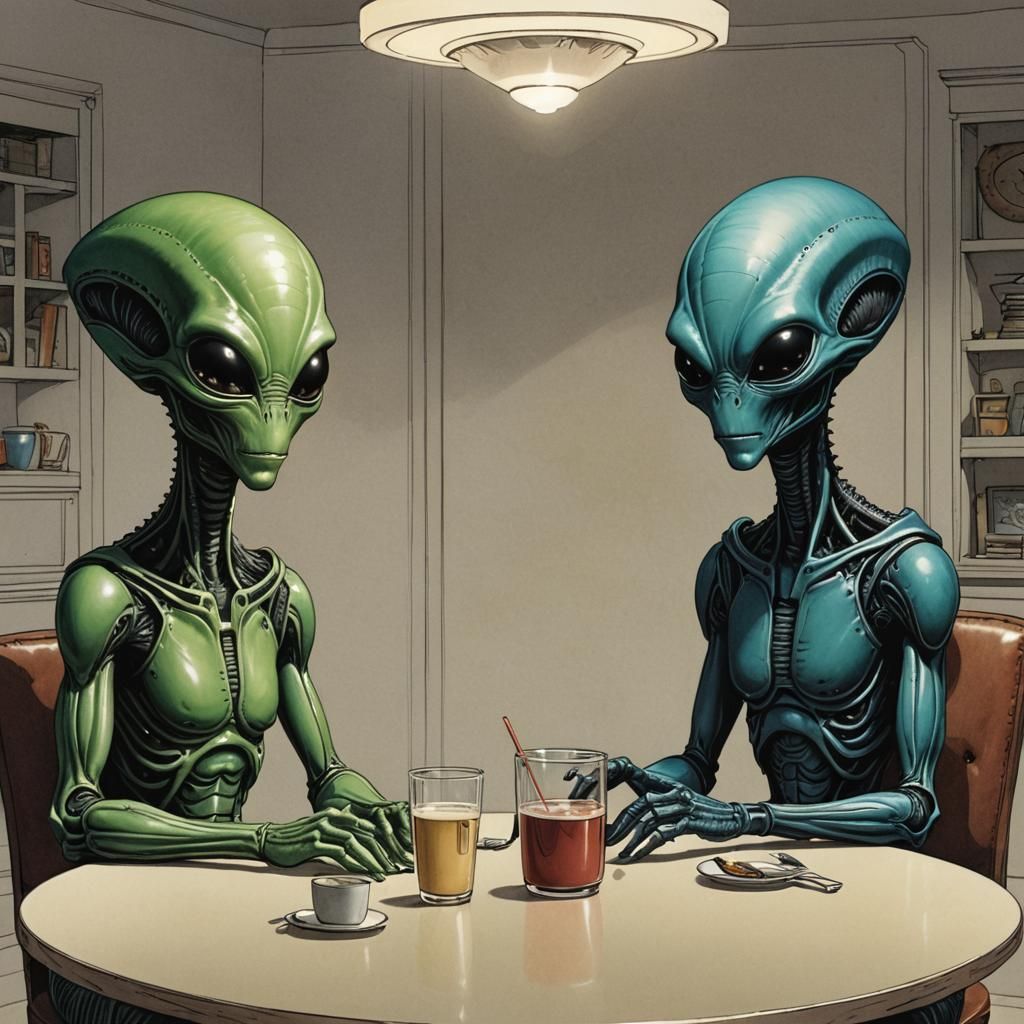 Alien friendship, two aliens sitting at table:: style by Jeff Smith ...