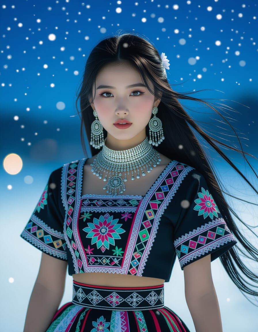 Hmong Woman in Traditional Dress Under Starry Sky - AI Art