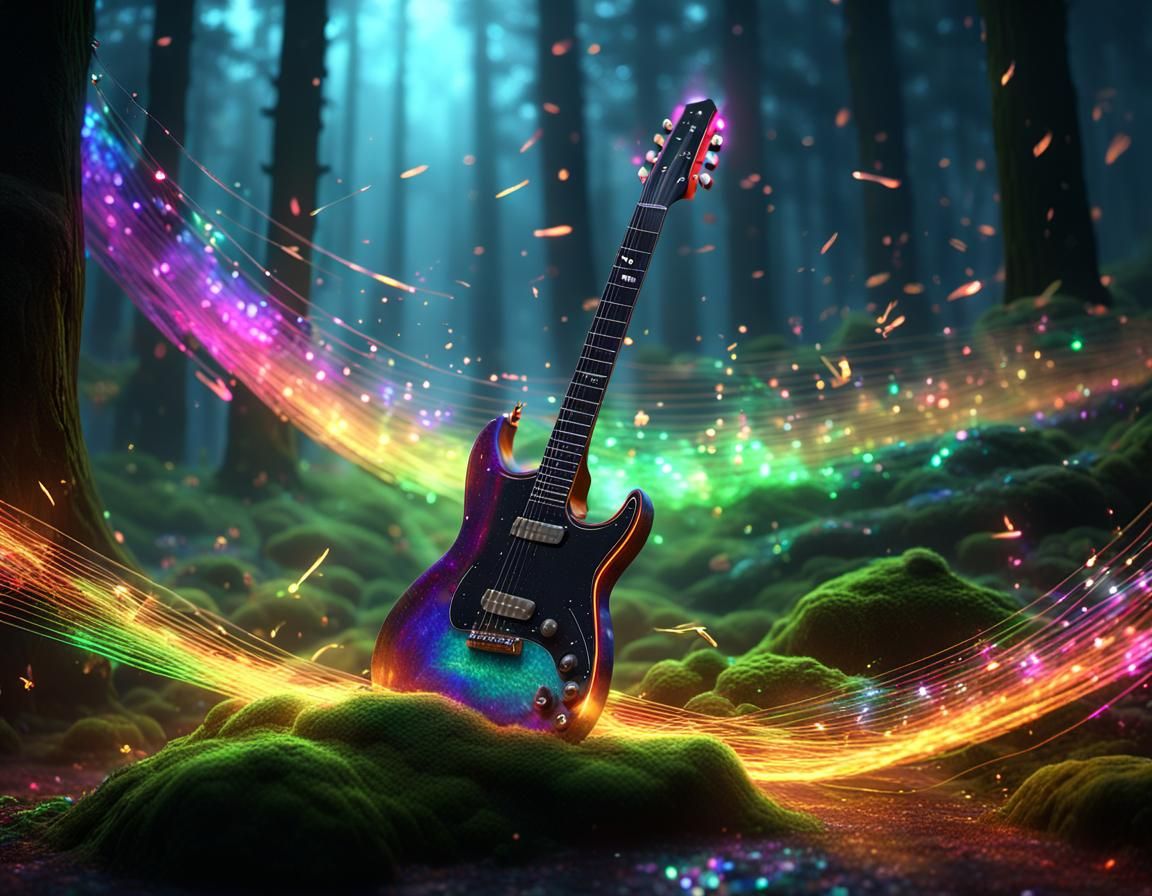 many glowing strands of old dusty guitar strings with rainbow smoke ...