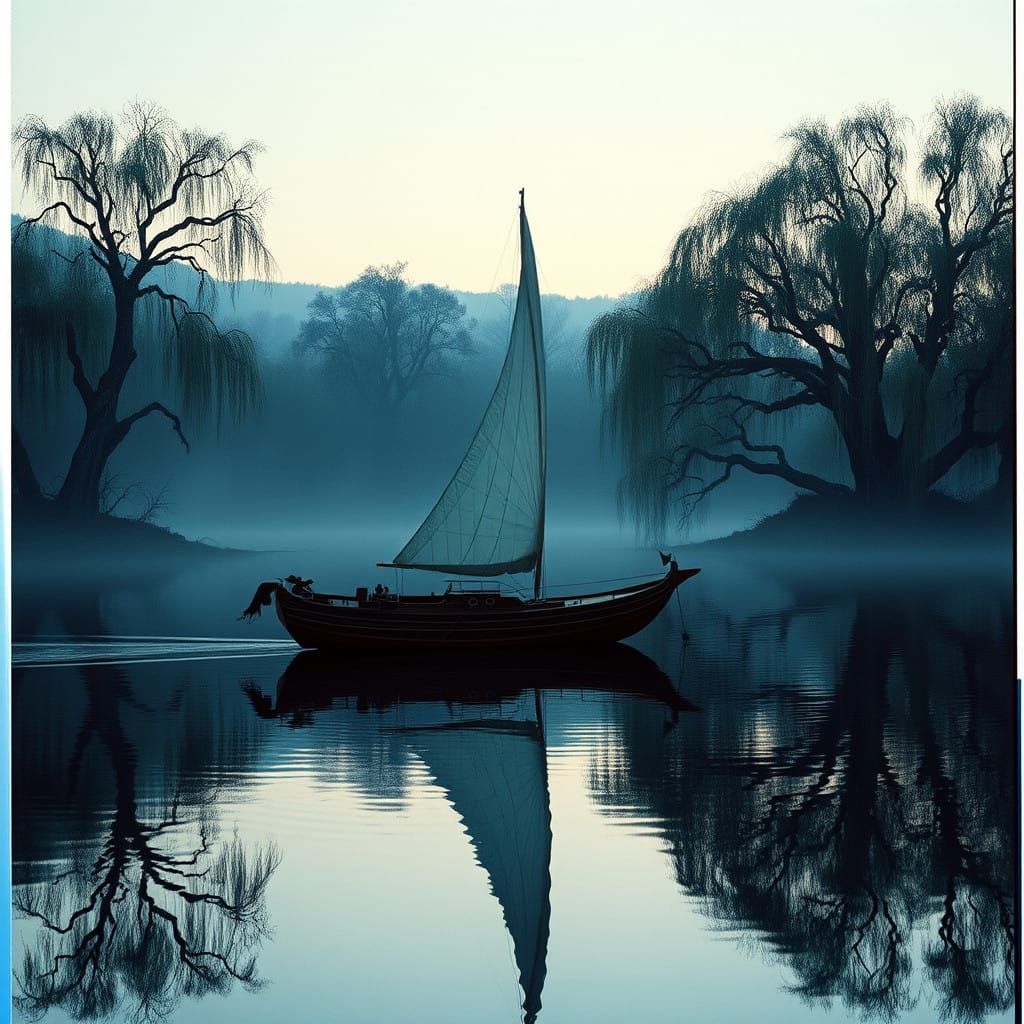 Majestic Sailboat on Serene Lake at Dusk - AI Art