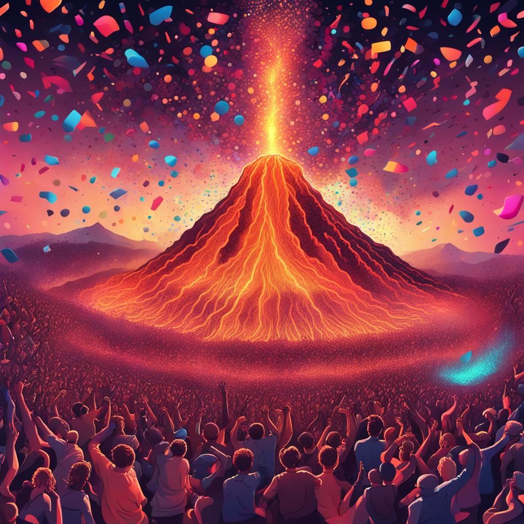 Massive volcano erupting glittering neon metallic confetti with people ...