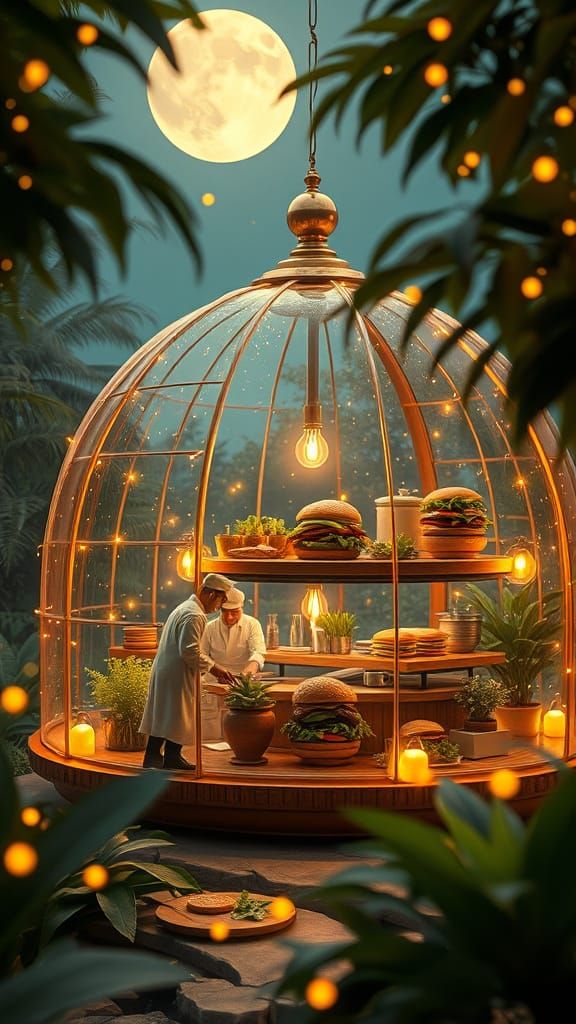 Whimsical Futuristic Burger Kitchen in a Moonlit G... - AI Art