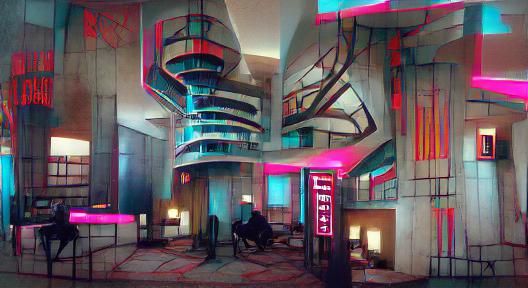Constructivist Cyberpunk Hotel Lobby Concept Art - AI Generated Artwork ...