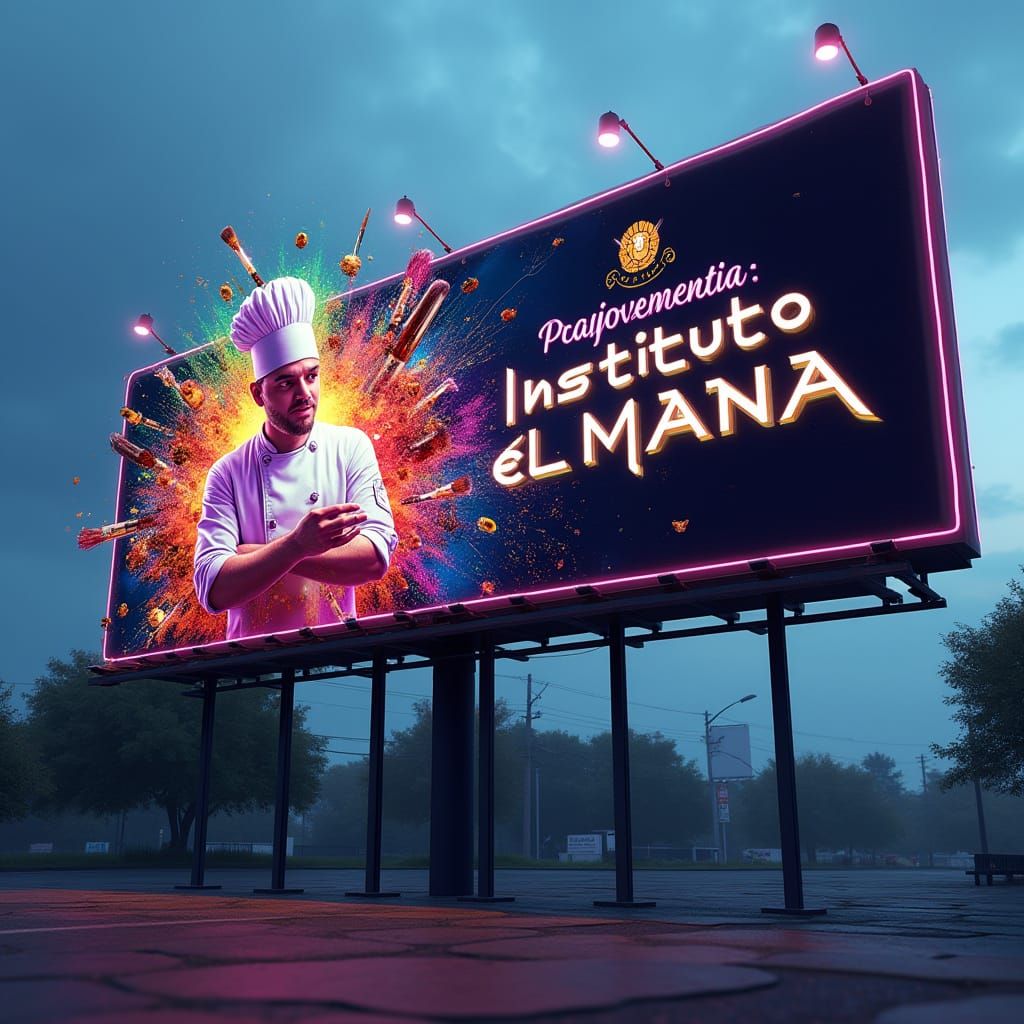 Stylized Chef Emerges from Vibrant Billboard in De... - AI Art
