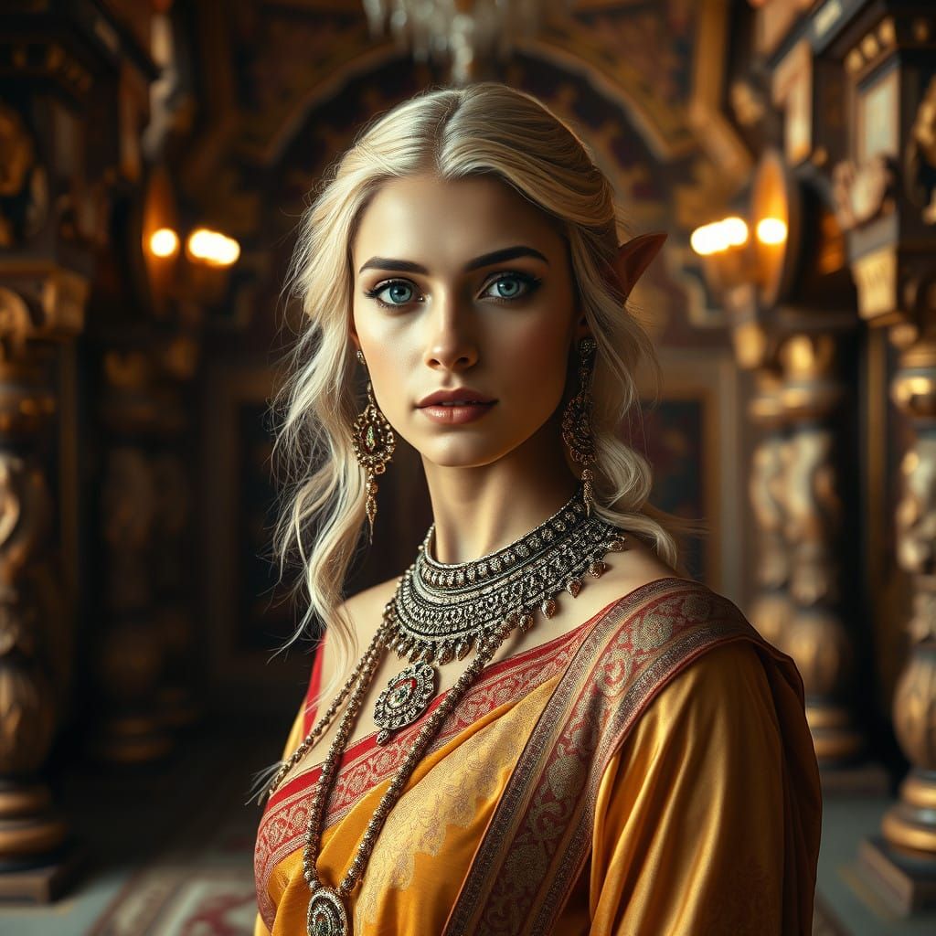 blond female elf wearing clothes from India in an indian palace