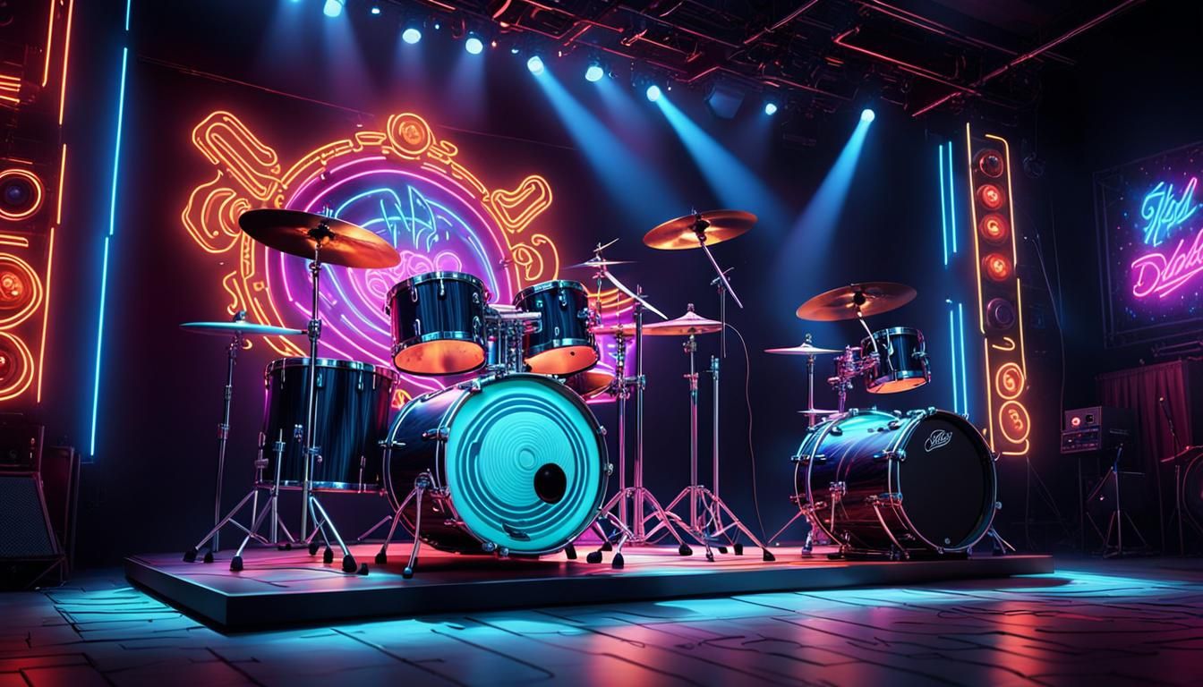 rock'n'roll instruments on stage dancing night club neon lights - AI ...