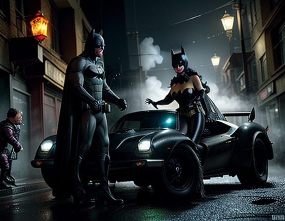 An elaborate ink scene of Batman offering Pixie and Bob a ride in the ...