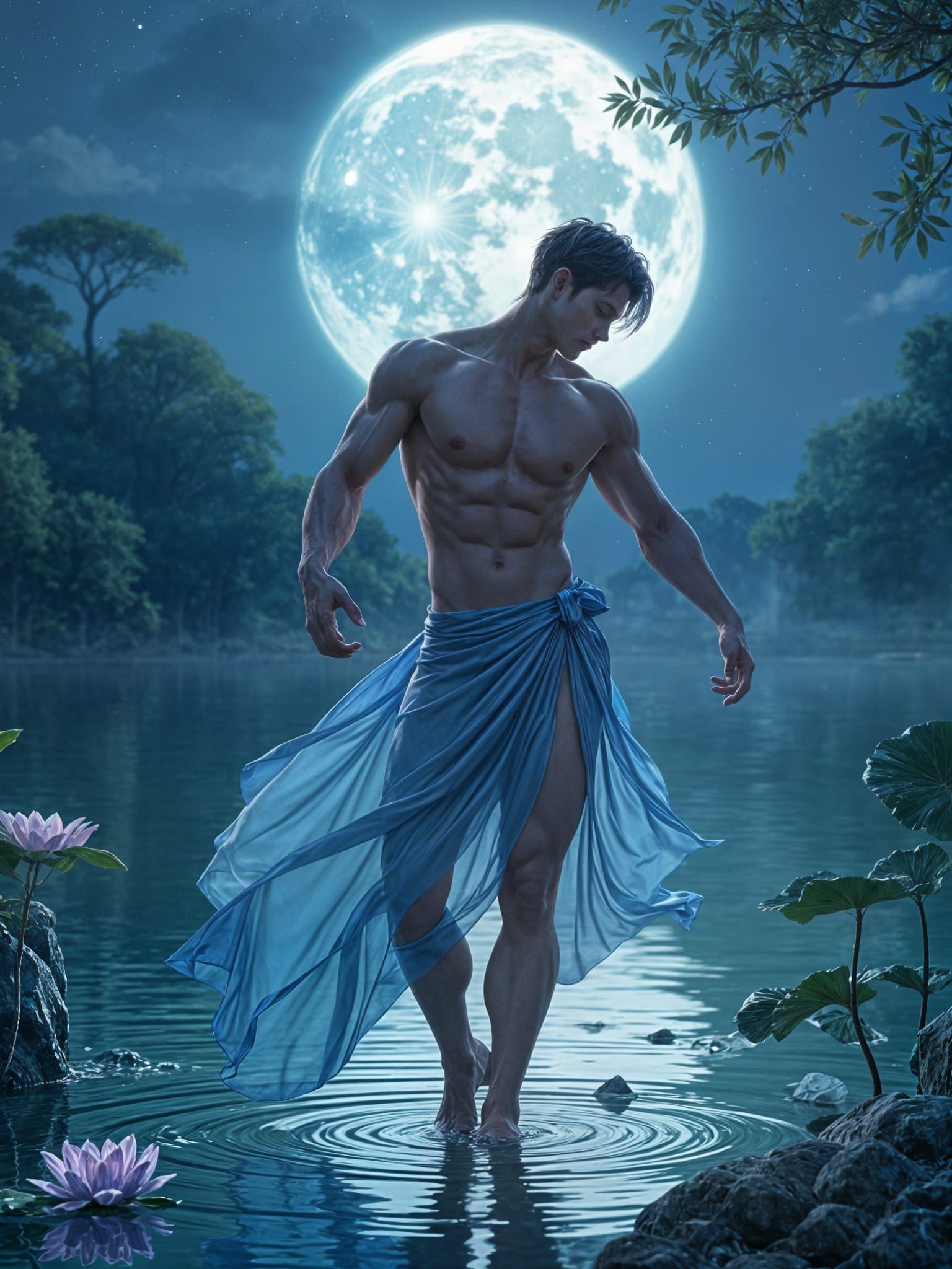 Dancing - Dashing Anime Warrior Dances Under Moonlit Lake