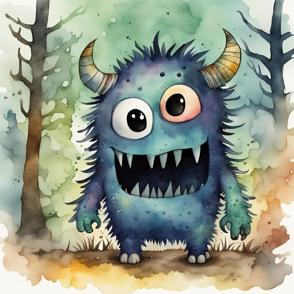 Shadow monster cartoonish monster, Watercolor kids book illustration ...