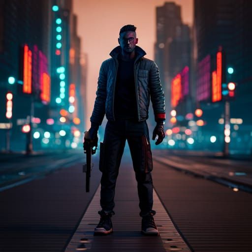 "Full body portrait of a cyberpunk warrior in a cyberpunk city street ...