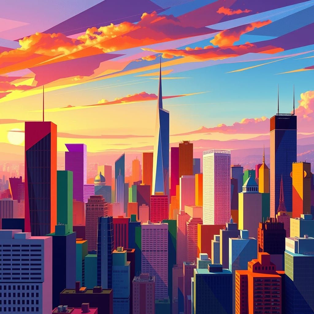 Cubist Skyline - Fragmented Cityscape at Sunrise in Cubist S...