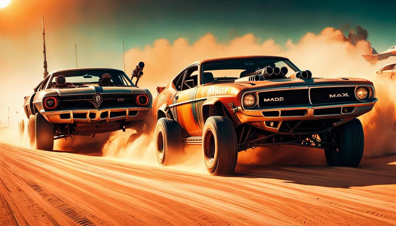 MADMAX style in SPACE :: Closeup side view of two cars racing one on ...