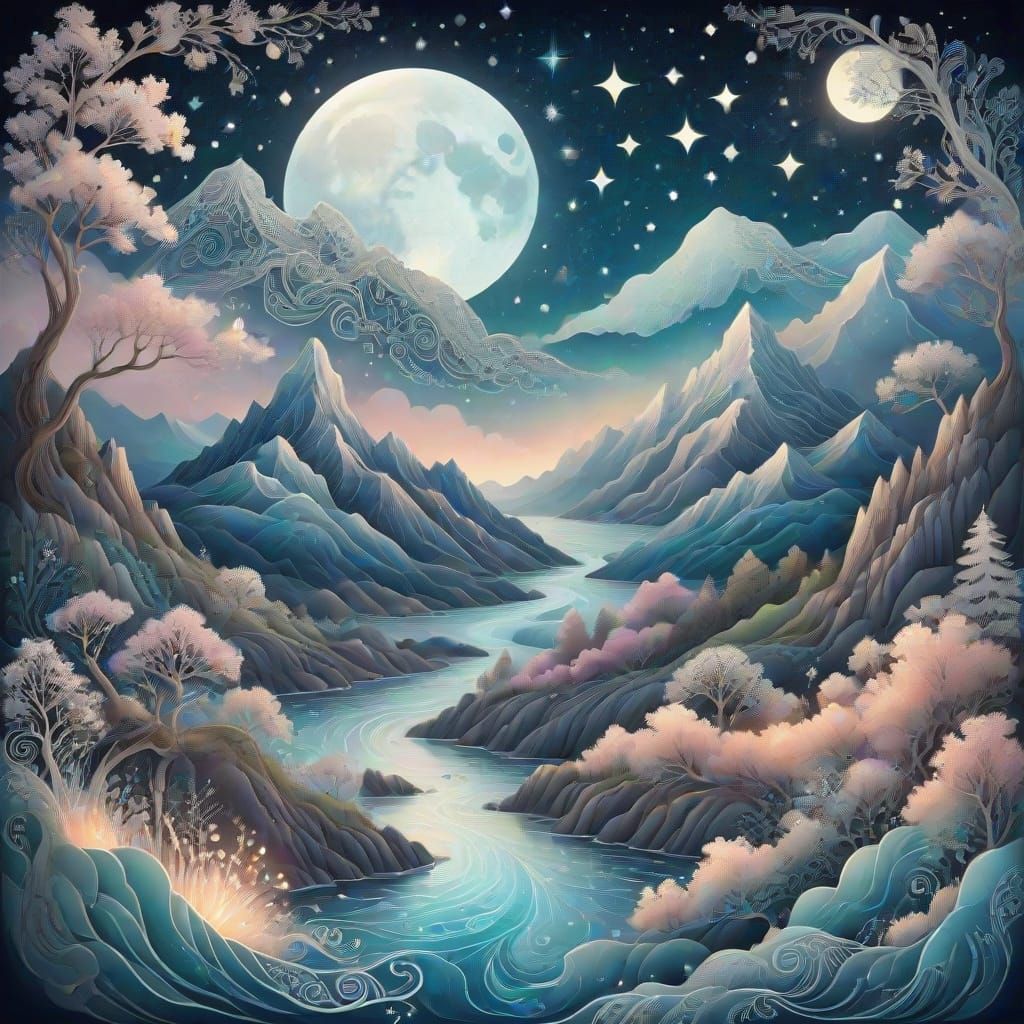 Surreal Mountain Landscape in Whimsical Zentangle ... - AI Art