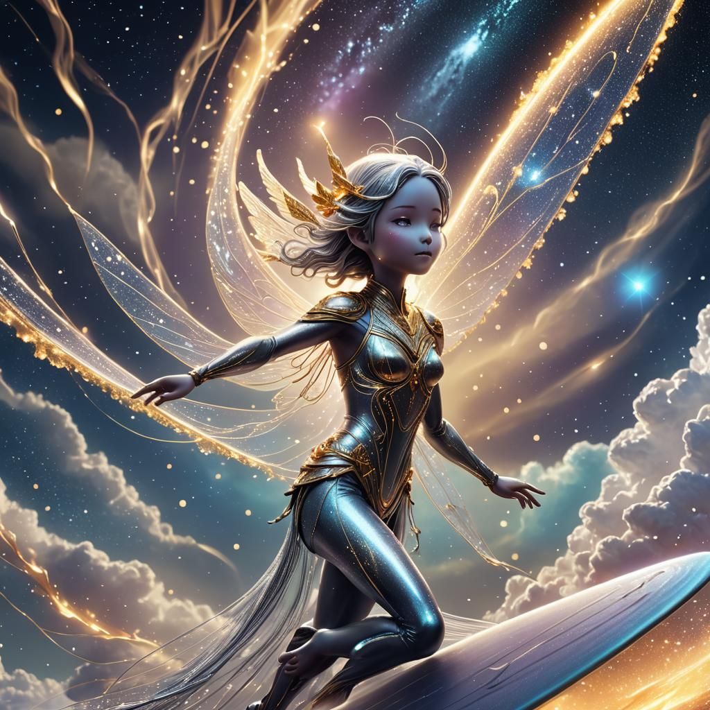 Worm's eye view of a kawaii Galactic fairy surfer made from intricate ...