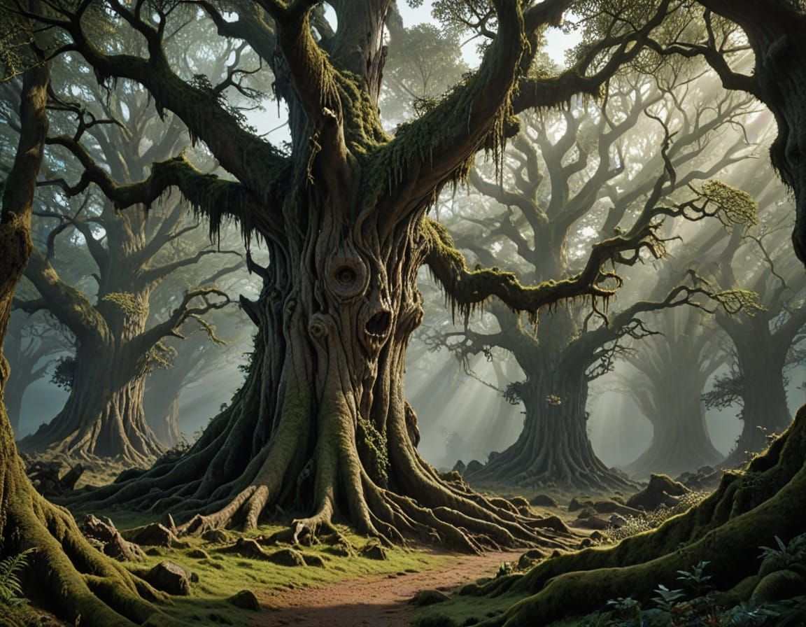 Primordial Forest Sanctuary in Morning Mist, Ancie... - AI Art