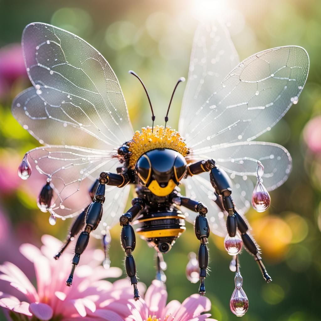 Robotic bee battles dew - AI Generated Artwork - NightCafe Creator