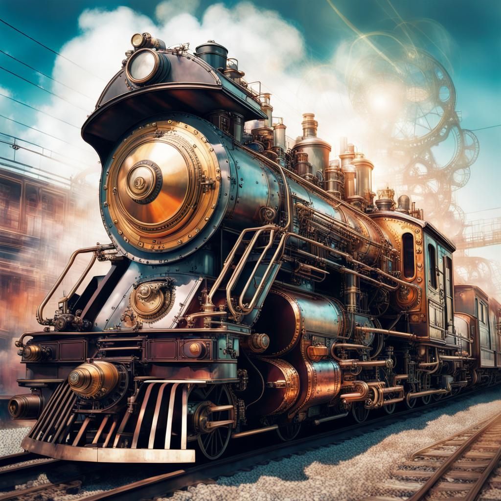 Double Exposure semi transparent Steampunk Train with SteampunK Factory Double Exposure ...