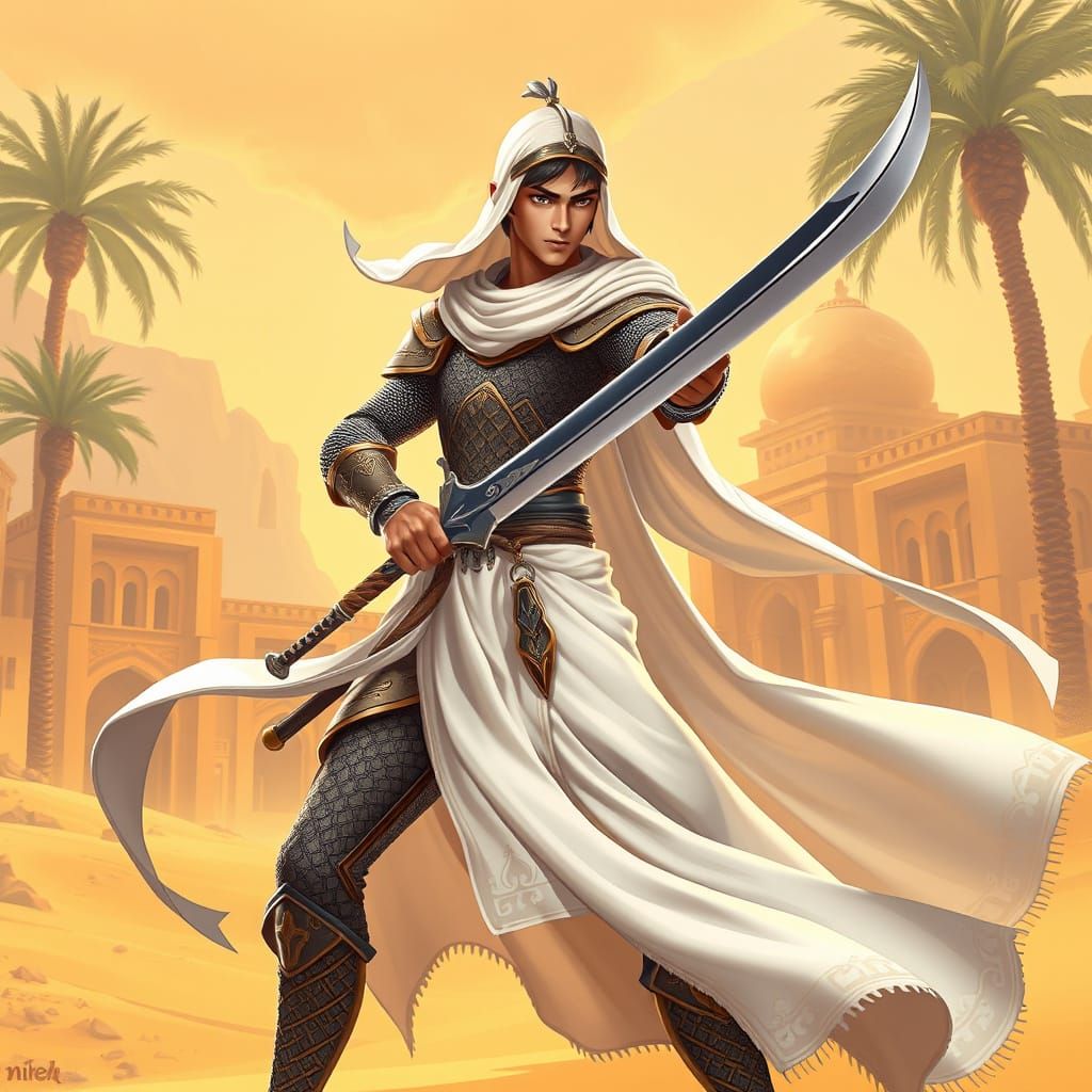 Young Arabian Knight - Elegant Arabian Knight in Golden Dese...