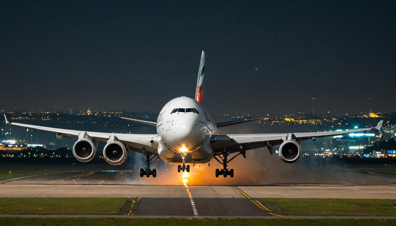 An Airbus A380, illuminated by runway lights, approaches the ground ...