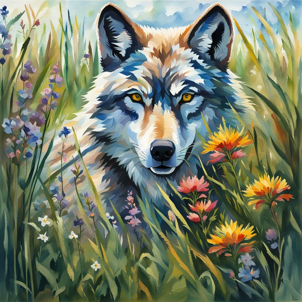 Wolf looking through tall grass and wildflowers. Realistic, close up ...