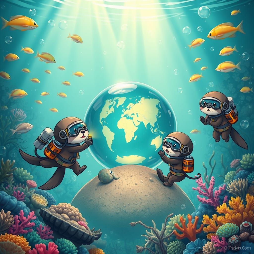 Chibi Otters Explore Glowing Crystal Reef - AI Art