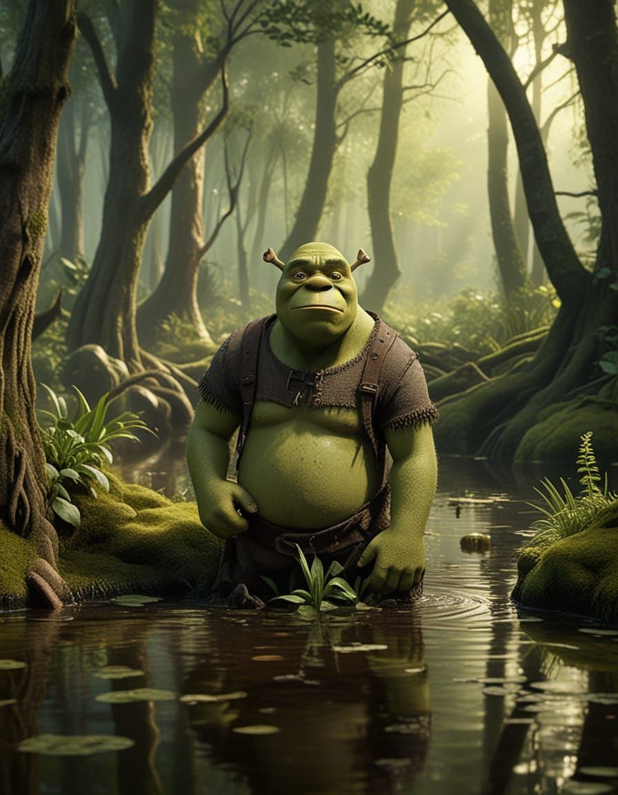 Shrek in a Lush Swampy Landscape, in a Vibrant Dig... - AI Art