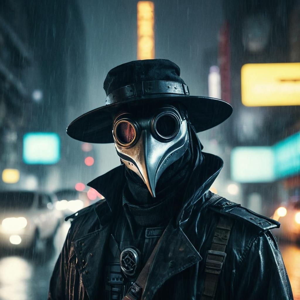 Medium shot of as a cyberpunk sci-fi military soldier plague doctor in ...