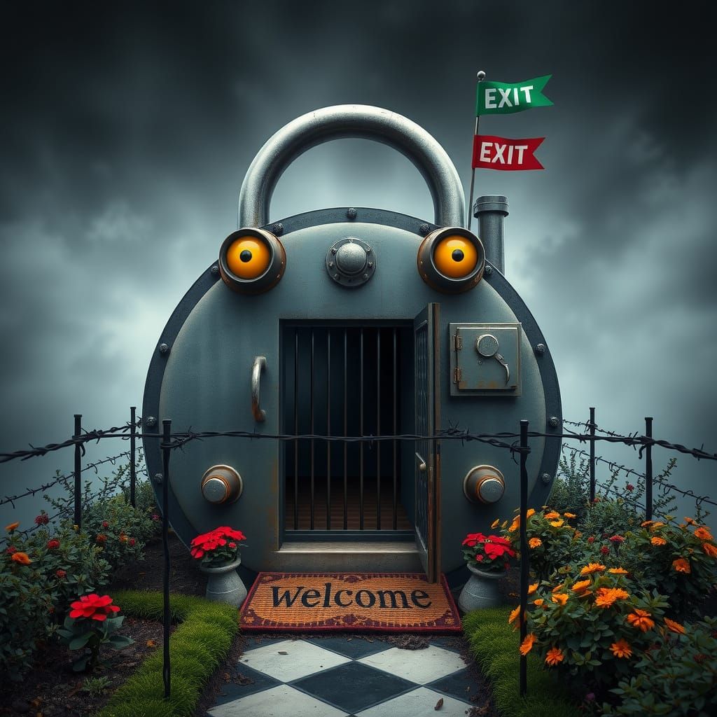 Welcome Home ! - Surreal Padlock House with Barbed Wire Fenc...