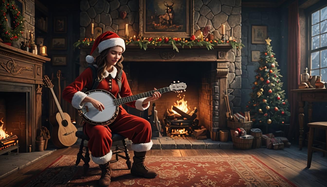 a girl wearing a santa hat playing banjo in front of a fireplace. - AI ...