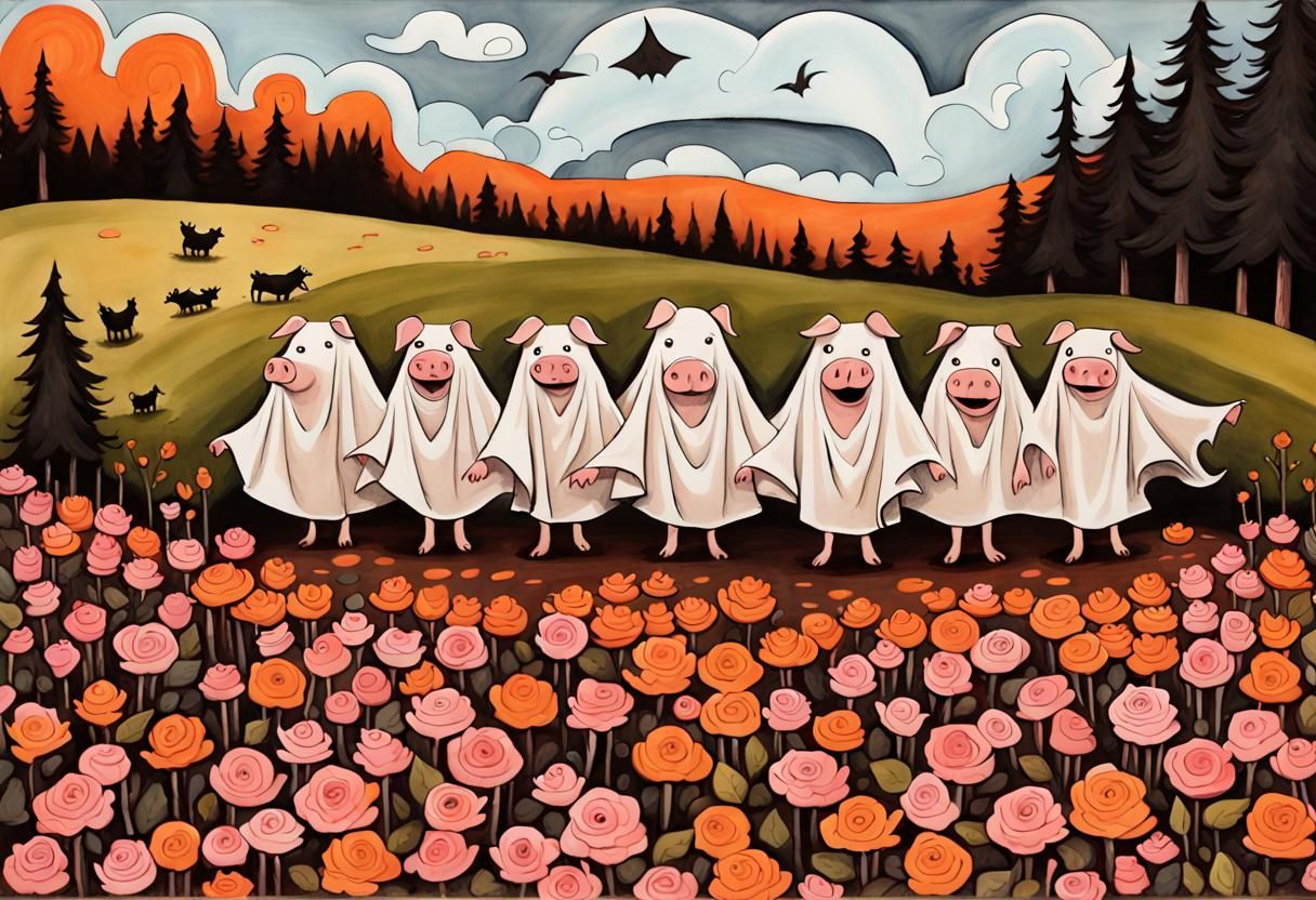 "Whimsical Halloween cartoon : a parade of pigs - AI Generated Artwork ...