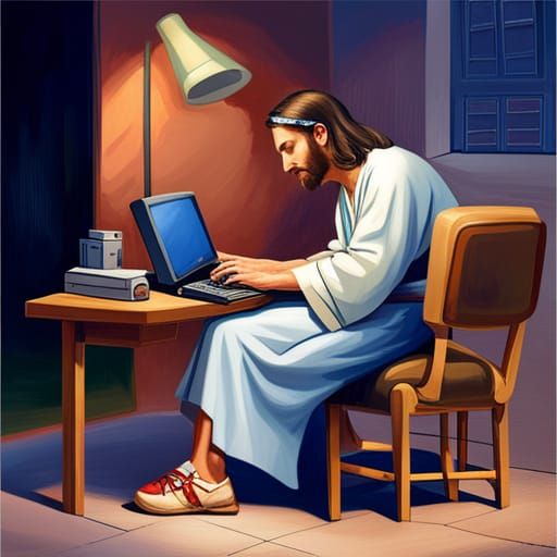 Jesus playing on his laptop - AI Generated Artwork - NightCafe Creator