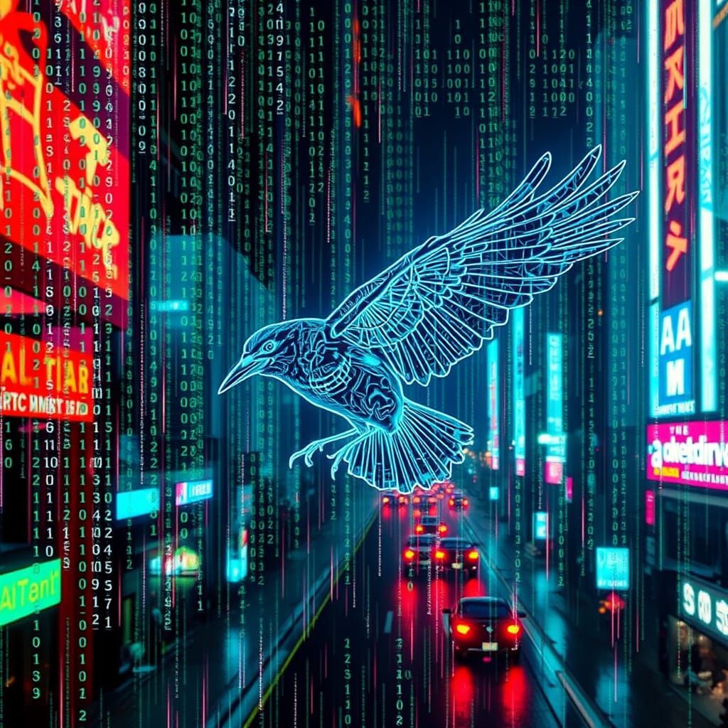 Flying crow hologram in the matrix of binary code