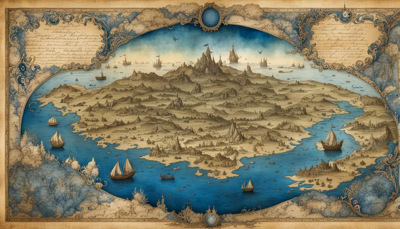 Map of Earthsea islands collage illustration, Voynich manuscript, blue ...