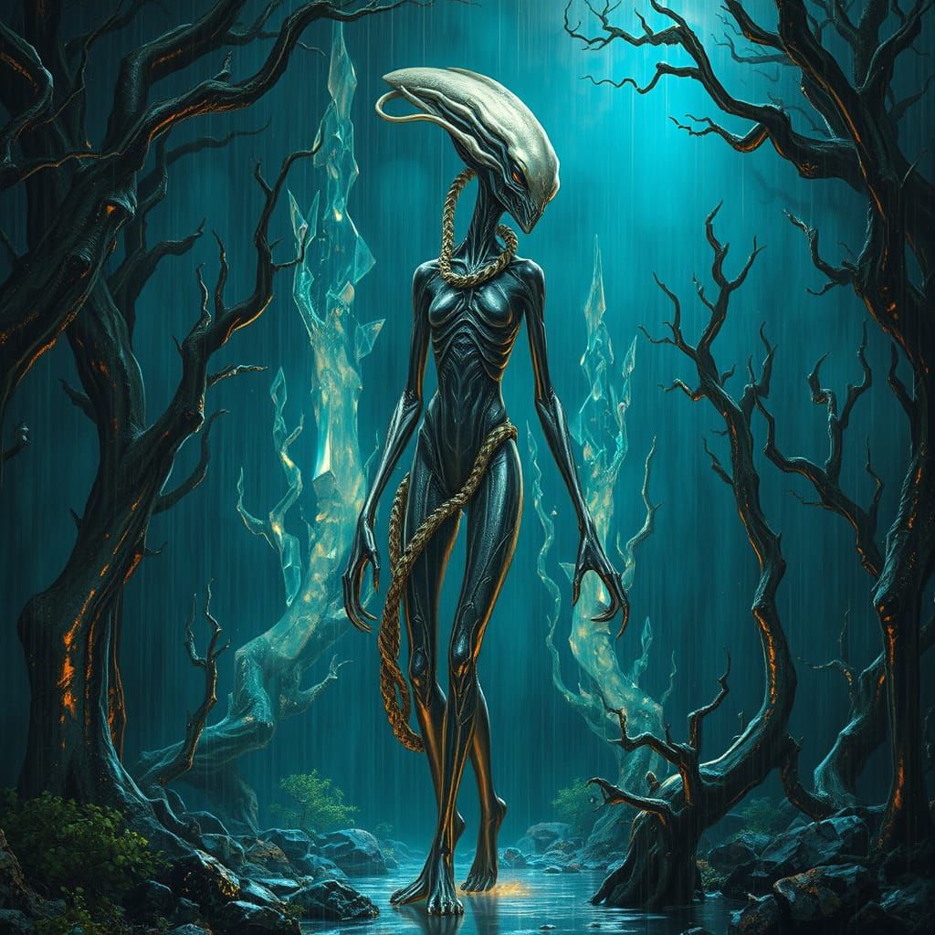 Ethereal Alien Figure Amidst Gnarled Night Forest - AI Art