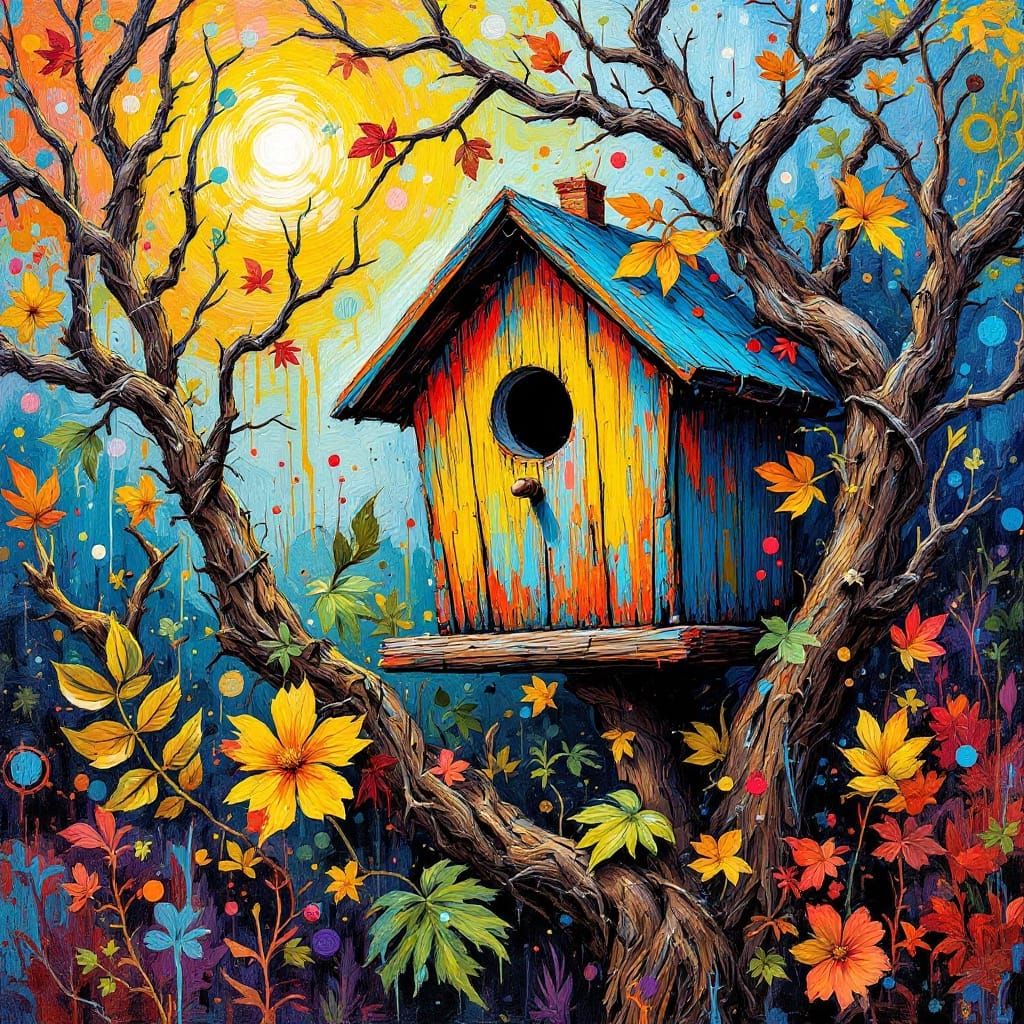 An abstract expressionist birdhouse blending into a chaotic nature ...