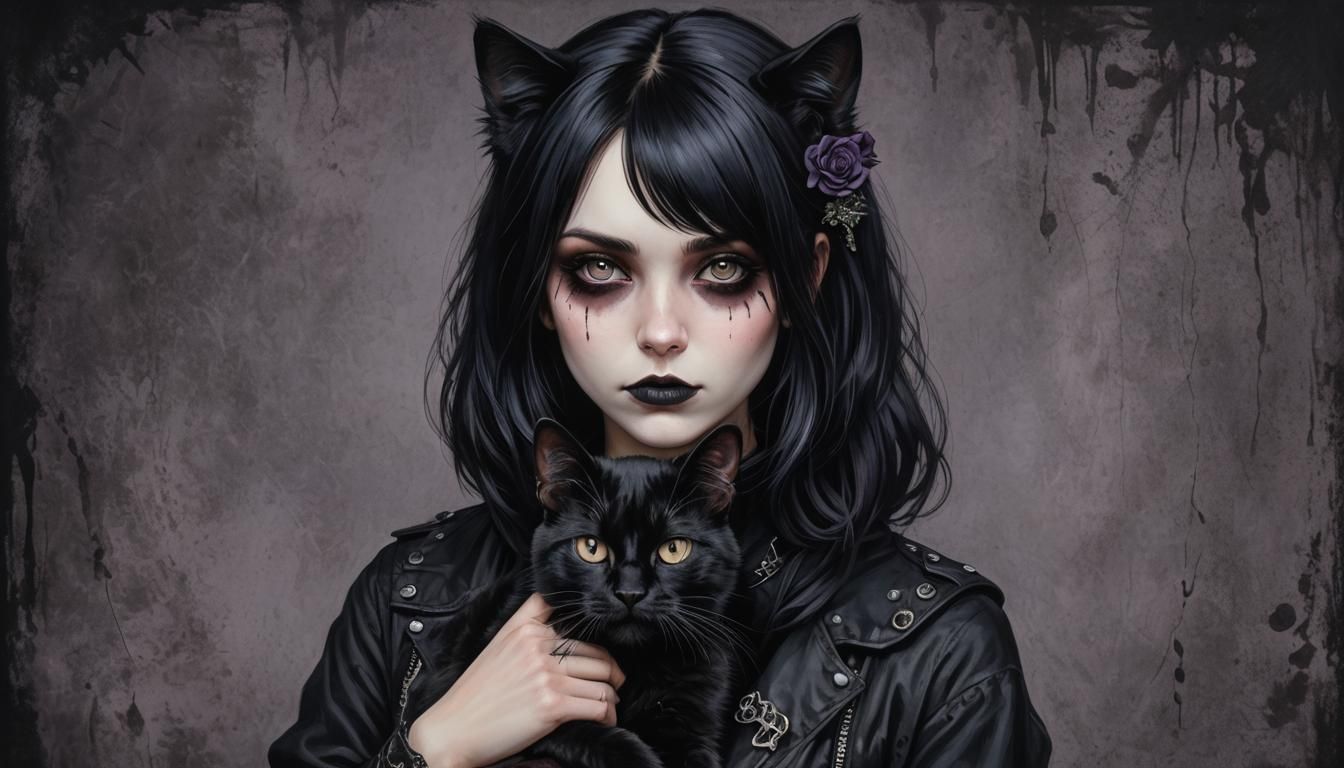 Portrait of a lovely goth emo girl posing with her black cat in her ...