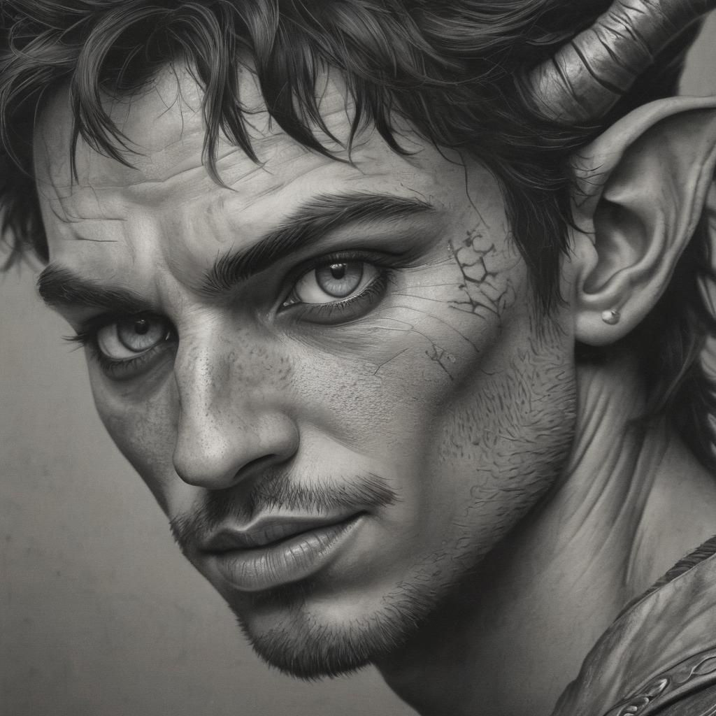 Male Tiefling, DnD NPC - Hyper-Realistic Charcoal Portrait o...